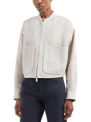 Emporio Armani Woven Nappa Leather & Linen Bomber Jacket - Silver Birch