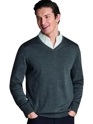 CHARLES TYRWHITT Merino Wool V-Neck Sweater Grey