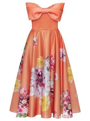 MILLA Strapless Floral Midi Dress With Bow - Orange Floral