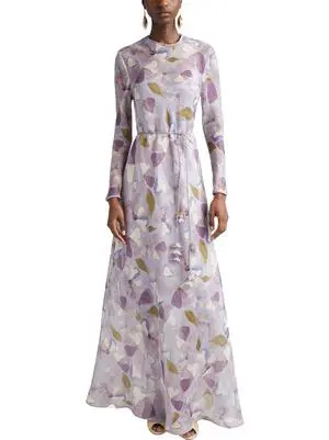 Zimmermann Floral Print Long Sleeve Linen & Silk Maxi Dress - Lilac Pansy