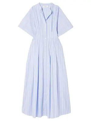 LA LIGNE Belted Pleated Striped Cotton-poplin Midi Shirt Dress - Blue