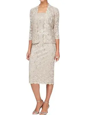 SL FASHIONS Lace Sequin Detail Dress & Jacket 2-piece Set - Cha