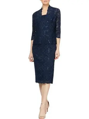 SL FASHIONS Lace Sequin Detail Dress & Jacket 2-Piece Set Navy