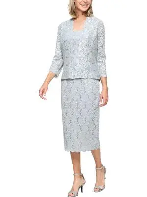 SL FASHIONS Lace Sequin Detail Dress & Jacket 2-piece Set - Sage
