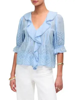 Madewell Pintuck Ruffle Puff-sleeve Top - Light Pool