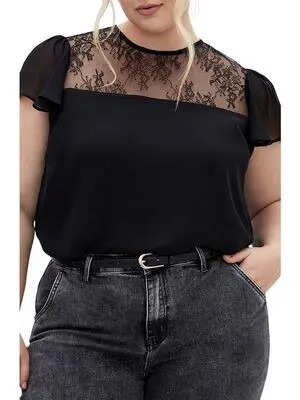 City Chic Malia Embroidered Lace Top - Black