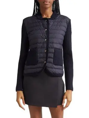 Moncler Quilted Down And Virgin Wool Knit Cardigan - Navy Blue