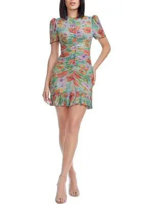 Dress The Population Chandler Floral Print Metallic Ruched Minidress - Sage Multi