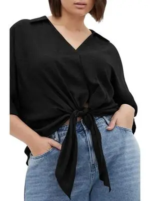 City Chic Rosie Tie Front Top - Black