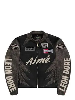 Aimé Leon Dore X Vanson Distressed Leather Moto Jacket - Black/cream