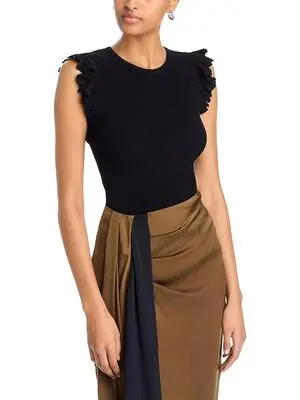Aqua Rib Knit Flutter Sleeve Top Black