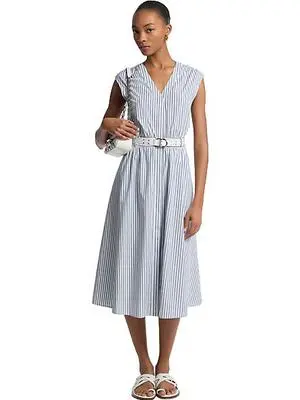 Michael Kors Striped Cotton Poplin Belted Midi Dress - Blue