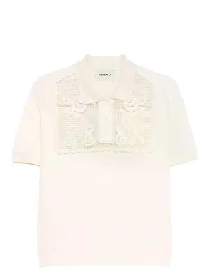 SEEN USERS Name Crochet Paneled Polo Top - Neutrals