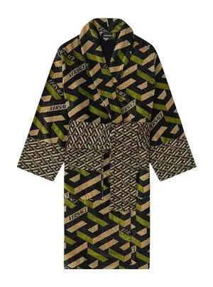 Versace La Greca Embroidered Bathrobe - Green/gold/black