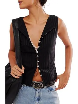 Free People Free People Tilly Rib Button-Up Top Black