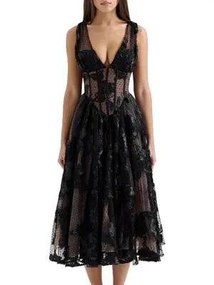 House Of Cb Sianna Lace Corset Cocktail Midi Dress - Black