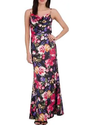 Vince Camuto Print Satin Gown - Black Multi