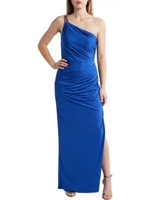 Vince Camuto Ruched Chain Detail One-shoulder Gown - Cobalt
