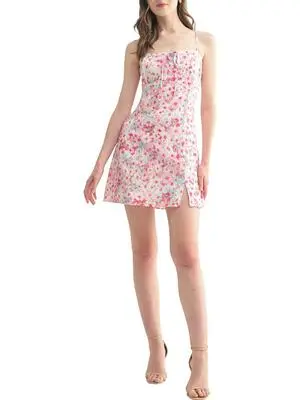 ALL IN FAVOR Floral Eyelet Cotton Blend Minidress - Pink Blue