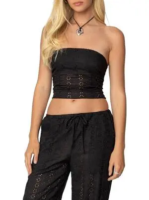 EDIKTED Eyelet Lace-up Corset Tube Top - Black