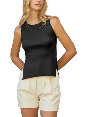 CRESCENT Side Slit Sleeveless Knit Top - Black