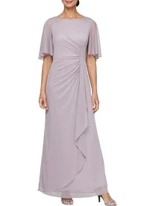 SL FASHIONS Beaded Shimmer Capelet Gown - Mauve