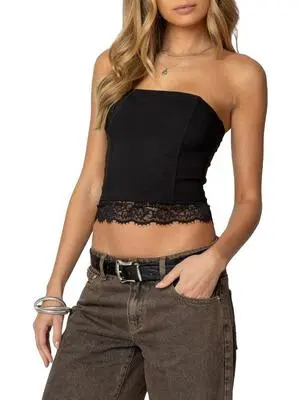 EDIKTED Elaina Lace Trim Strapless Crop Top - Black