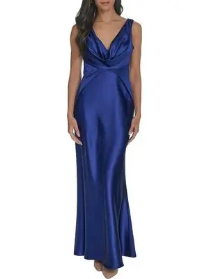 Vince Camuto Draped Neck Satin Gown - Cobalt