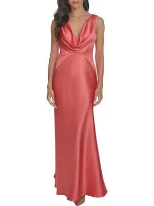 Vince Camuto Vince Camuto Draped Neck Satin Gown Flamingo