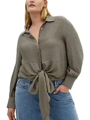 City Chic Rosabella Satin Shirt - Dark Sage