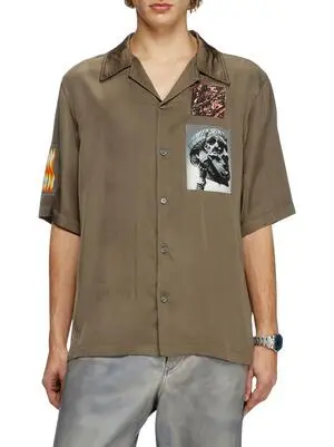 DIESEL® S-daxhe Appliqué Satin Camp Shirt - Leaf Green