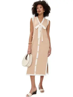 English Factory Knit Midi Dress With Tie Detail - Beige/white