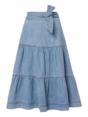 Veronica Beard Armida Tiered Denim Midi Skirt - Blue