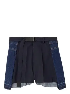 Sacai Belted Pleated Denim And Shell Shorts - Blue