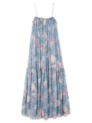 Chloé Gathered Floral-print Silk Maxi Dress - Blue
