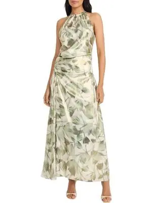 Maggy London Ruched Halter Neck Satin Gown - Ivory/ Green