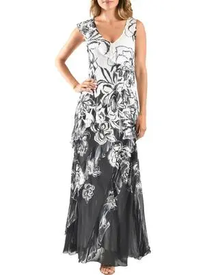 Komarov Ruffle Chiffon Maxi Dress - Ebony Border