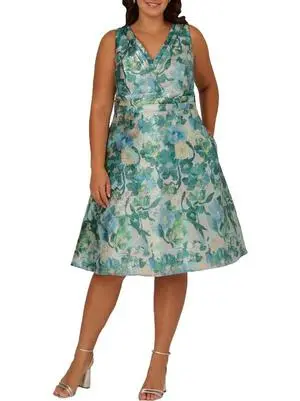 Adrianna Papell Floral Jacquard Midi Cocktail Dress - Blue Multi