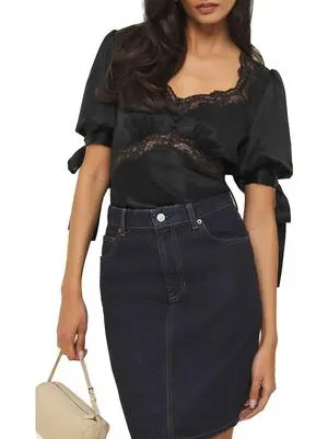 REFORMATION Reformation Dolly Lace Trim Silk Charmeuse Top Black