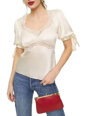 REFORMATION Dolly Lace Trim Silk Charmeuse Top - Fior Di Latte