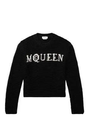 Alexander McQueen Cropped Ribbed Logo-jacquard Cotton Sweater - Black