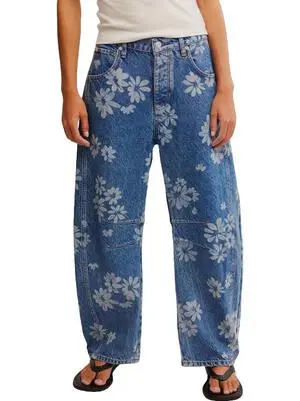 Free People Floral Print Barrel Jeans Laser Daisy