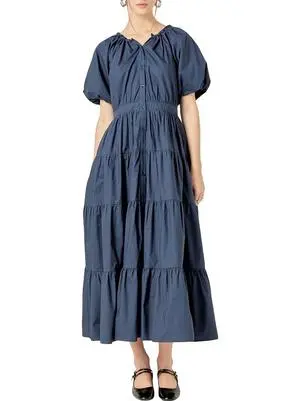 English Factory Puff Sleeve Tiered Maxi Dress - Navy