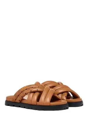 Mcm Monogram Print Cross Slides - Cognac