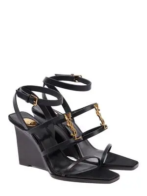 Saint Laurent Cassandra 90 Leather Wedge Sandals - Black