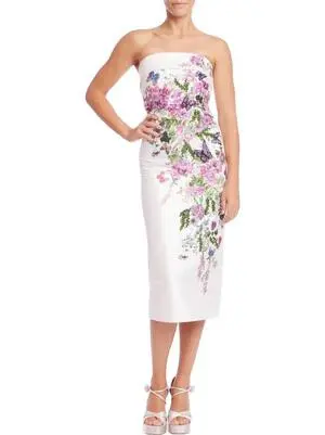 Badgley Mischka Floral Strapless Mikado Cocktail Dress - Ivory Multi