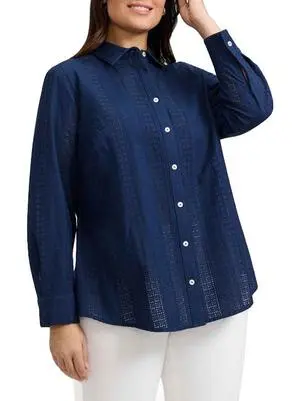 Foxcroft Foxcroft Zoey Mixed Stitch Cotton Button-Up Shirt Navy