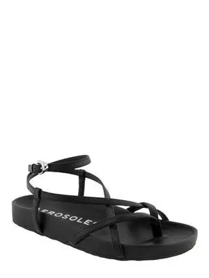 Aerosoles Leera Ankle Strap Flat Sandal Black Faux Leather