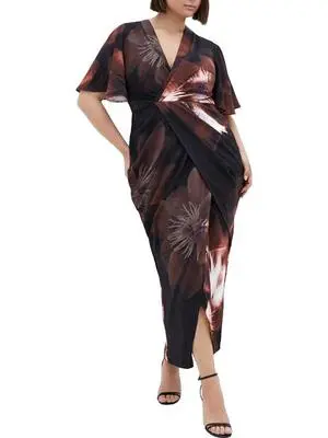 City Chic Braelynn Floral Flutter Sleeve Maxi Dress - Black/sueded Rose