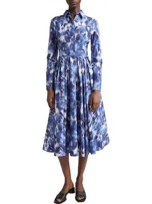 Michael Kors Watercolor Floral Cotton Midi Shirtdress - Riviera/ Optic White
